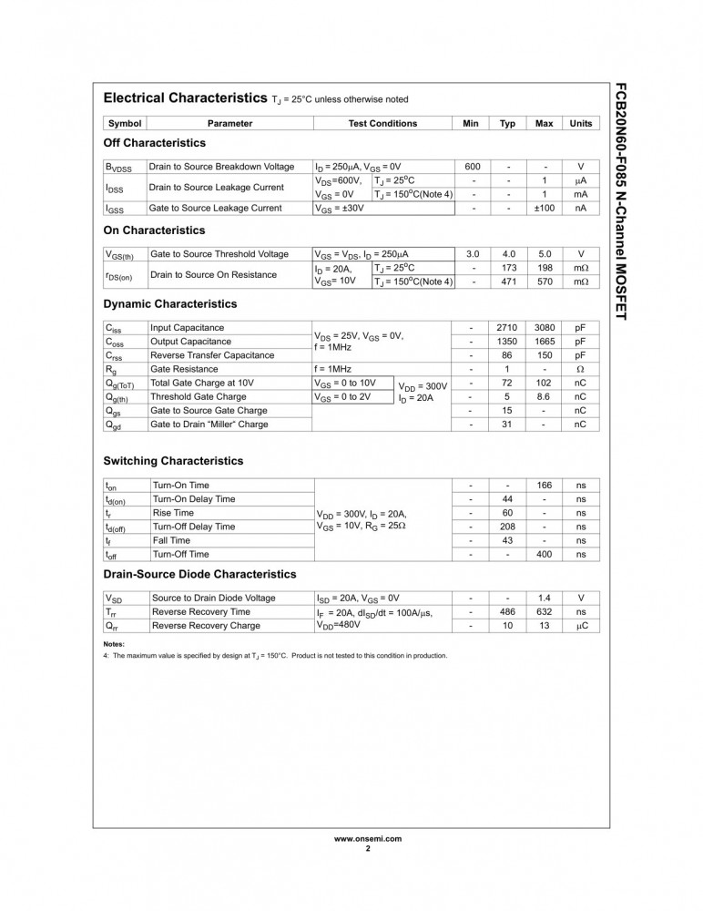 FCB20N60-F085 datasheet preview, page 3