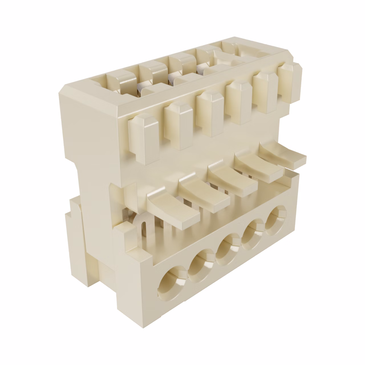 Appli-Mate RAST 2.5 Connector, 2.50mm Pitch, Female, 5 Circuits, Positions A and F Removed, Polarizing Rib Between 2/3, Locking Pips, Slotted Endwalls, Gold Plating