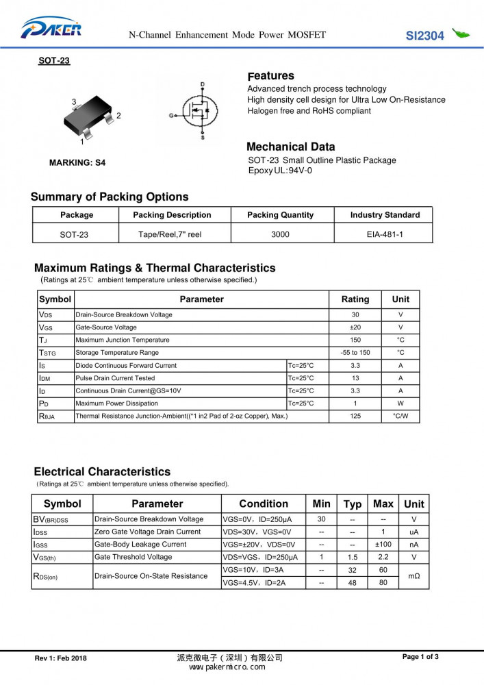 SI2304 datasheet page 1