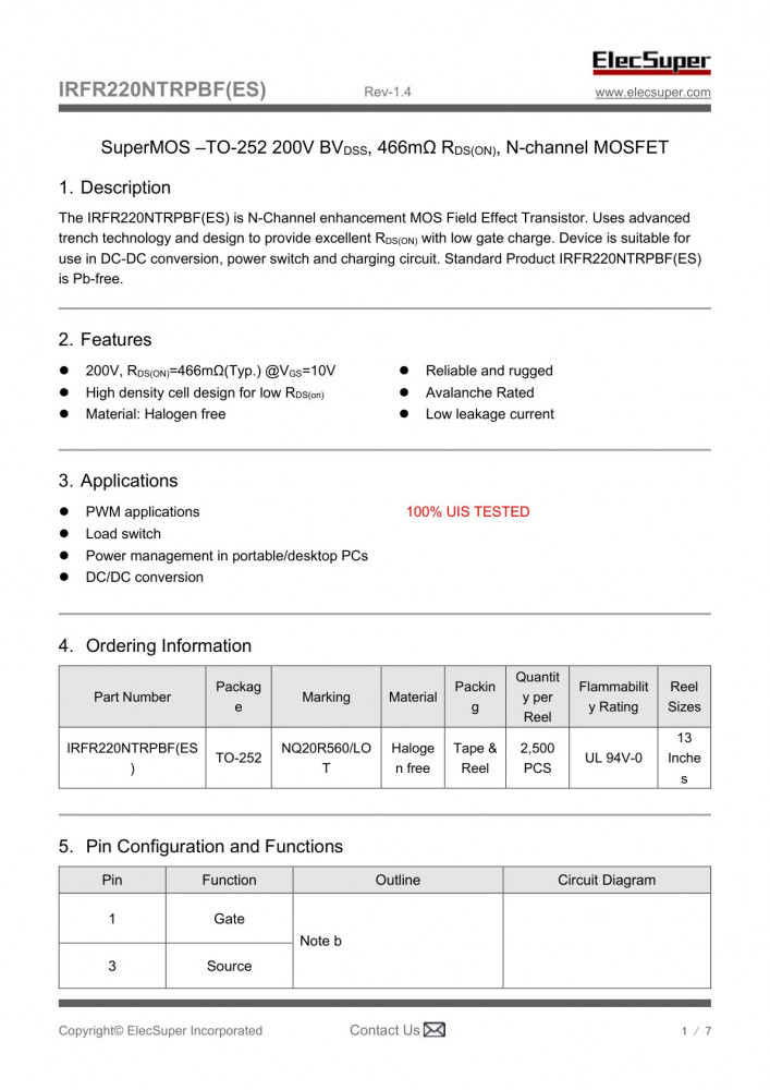 IRFR220NTRPBF(ES) datasheet page 1