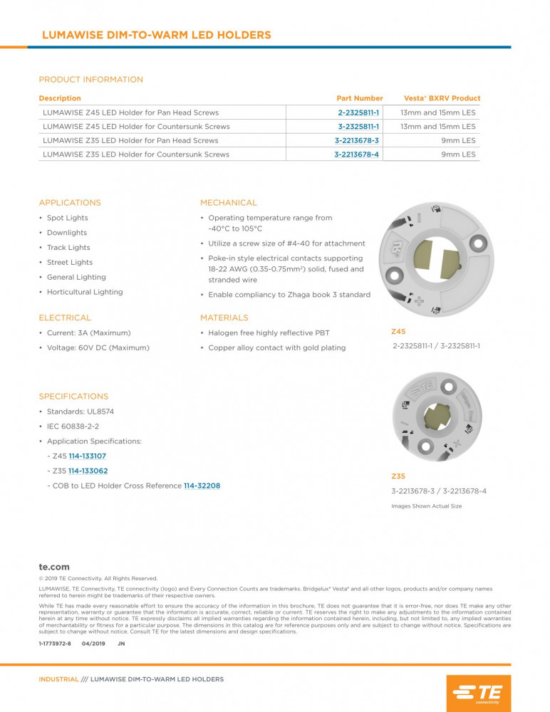 TE Connectivity LUMAWISE Z45 LED holder document page 2