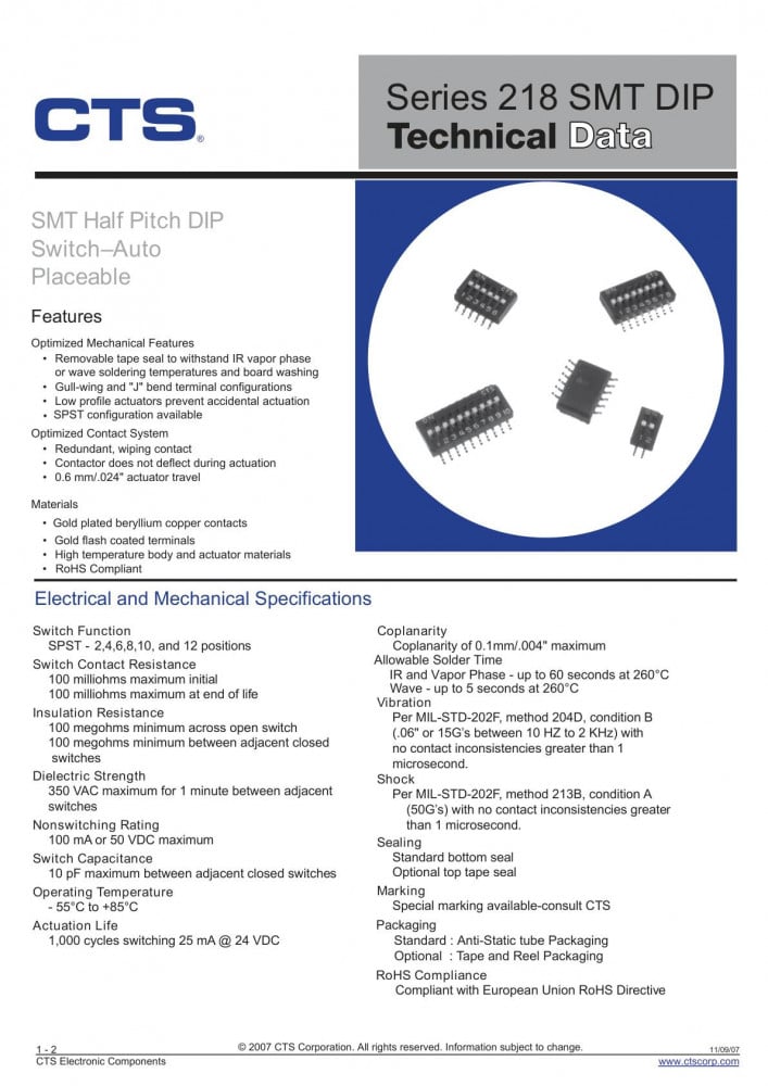 CTS 218 series SMT half-pitch DIP switch technical page