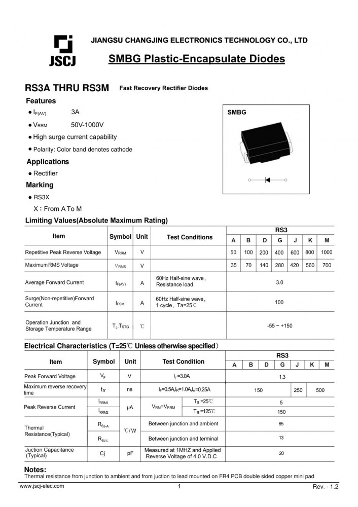 RS3G datasheet page 1