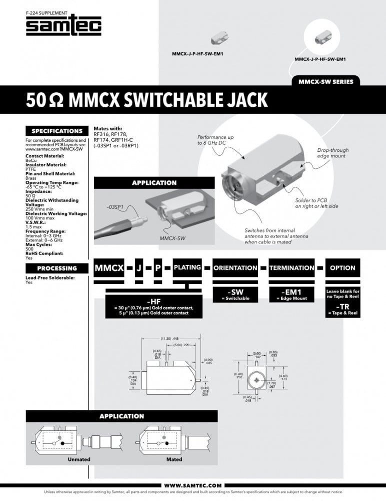 Samtec MMCX switchable jack technical document page