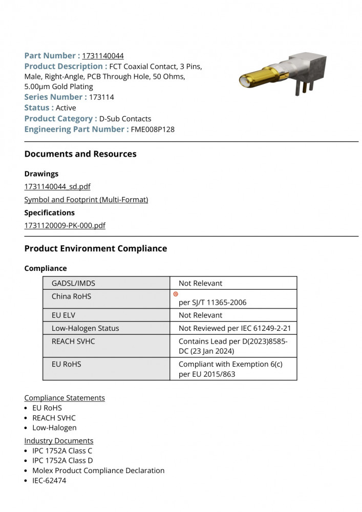 Technical document page 1 for MOLEX 1731140044