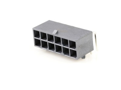 Mega-Fit Right-Angle Header, 5.70mm Pitch, Through Hole, Dual Row, 12 Circuits, Matte Tin (Sn) Plating, 3.60mm Tail Length, Glow-Wire Capable, Tray, Black for sale