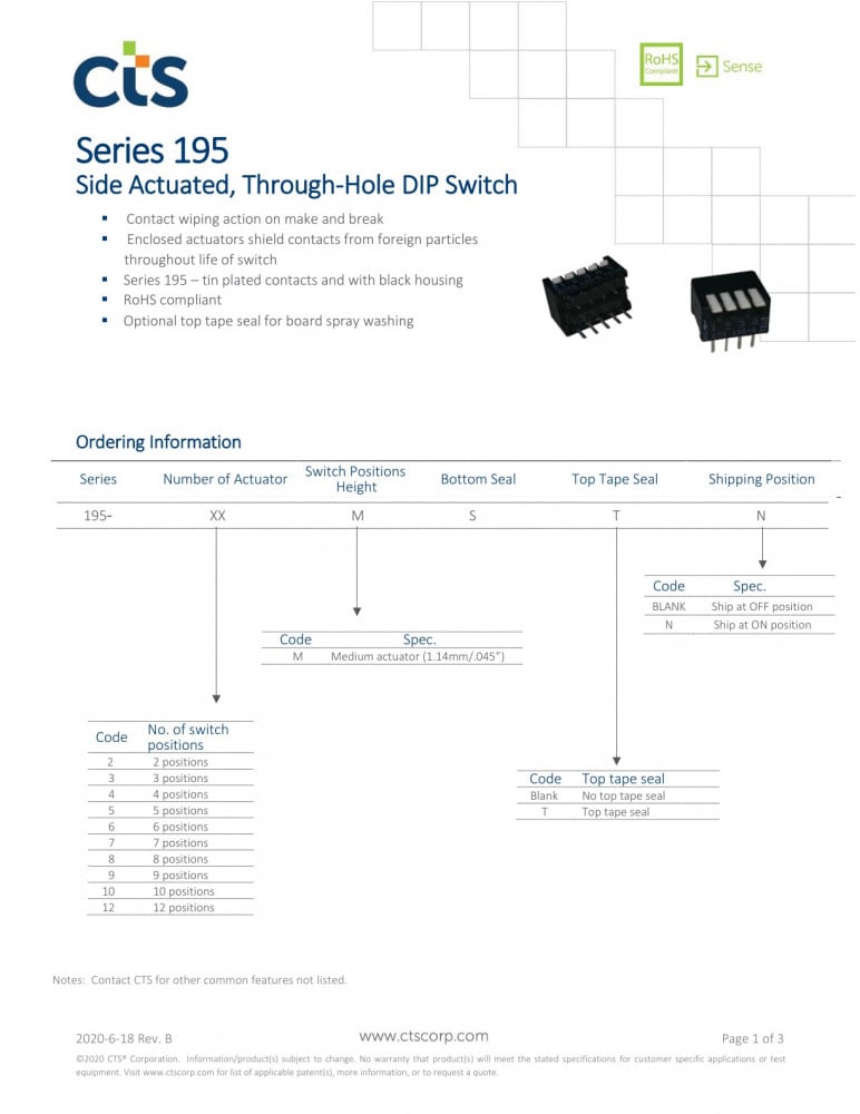CTS Series 195 DIP switch technical document page 1