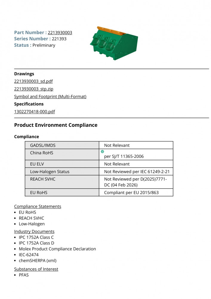 MOLEX 2213930003 technical document image, page 1