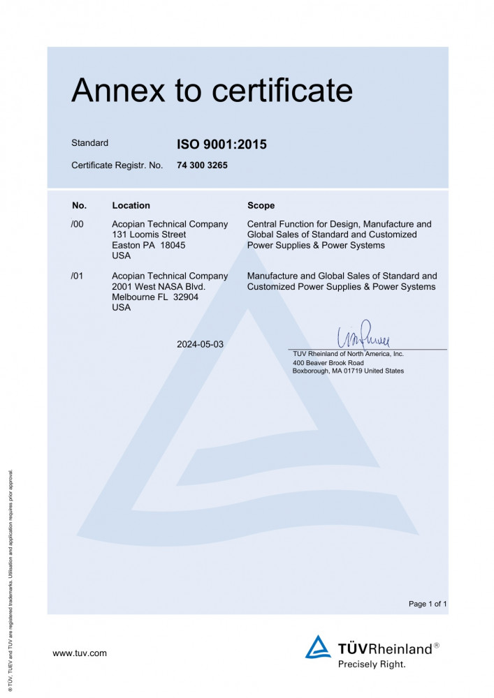 Acopian Technical Company ISO 9001:2015 certificate annex, page 2