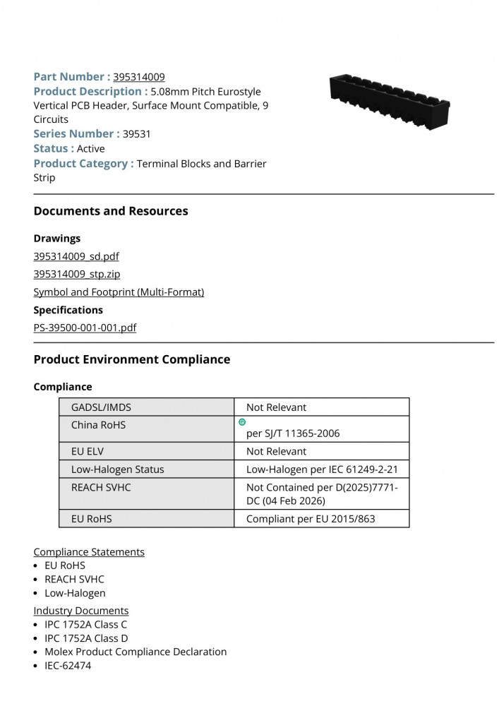MOLEX 395314009 technical document preview, page 1