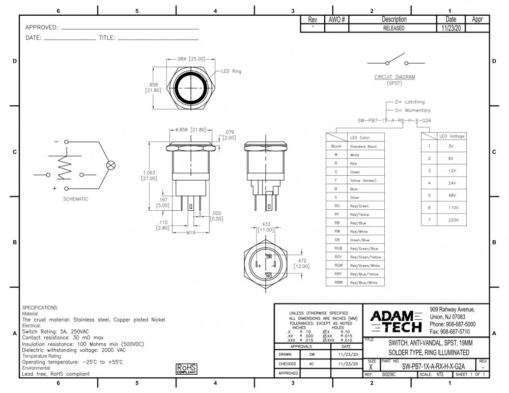 ADAM TECH 19 mm anti-vandal SPST ring-illuminated switch drawing