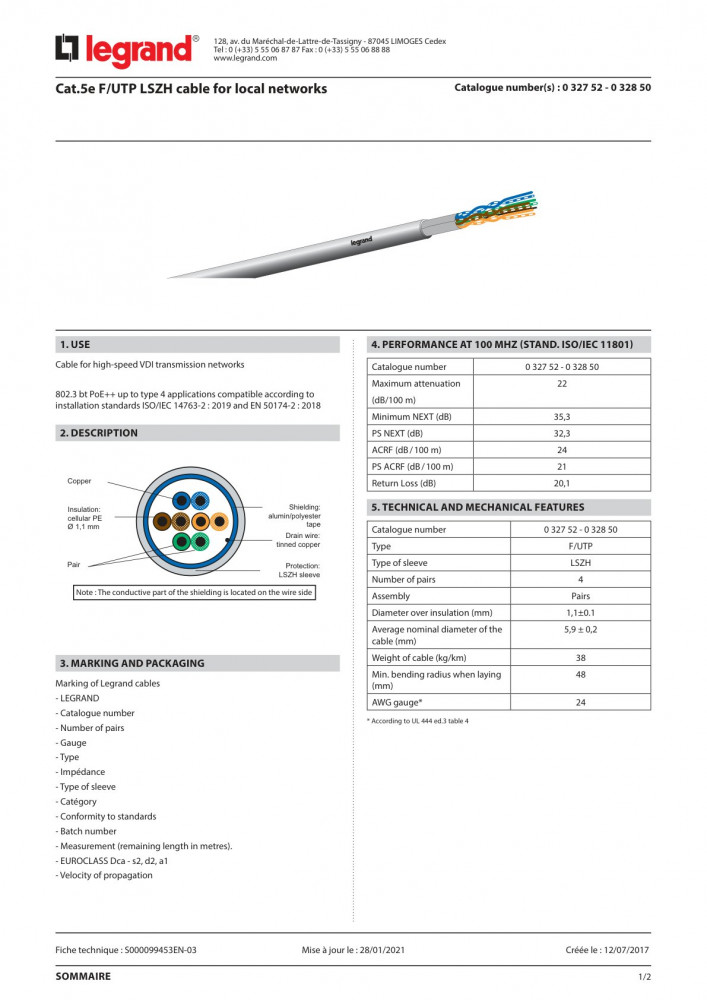 Legrand cable technical document, page 1