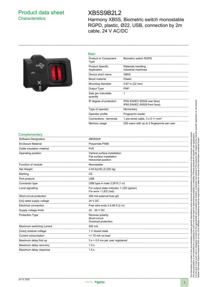 XB5S9B2L2 technical document page 1