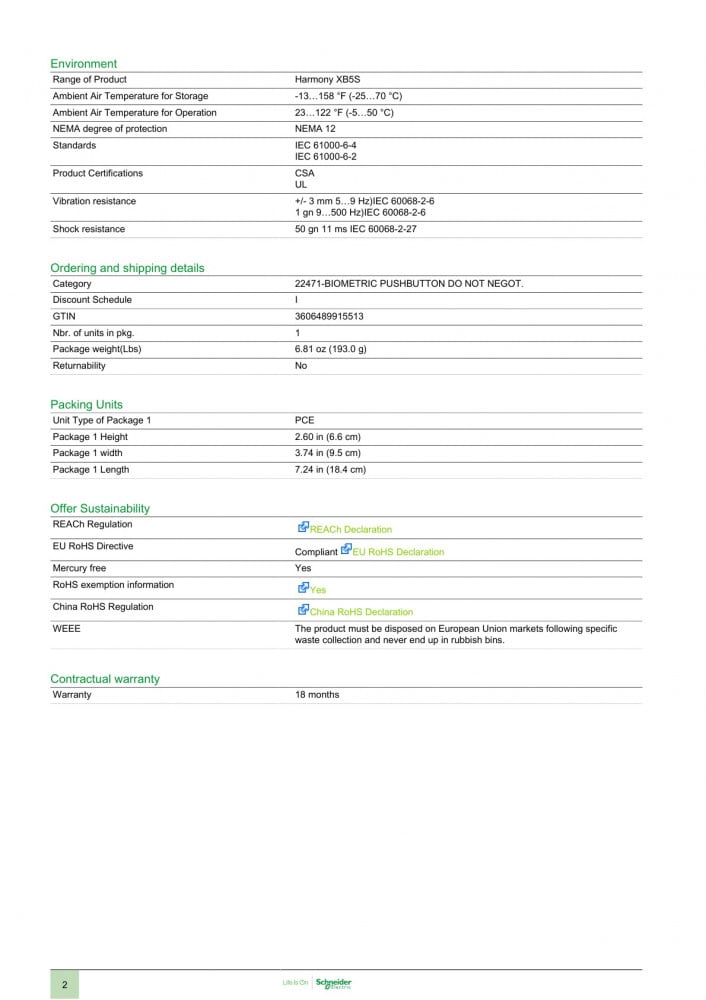 XB5S9B2L2 technical document page 2