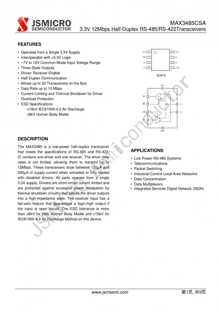 MAX3485CSA-JSM datasheet page 1