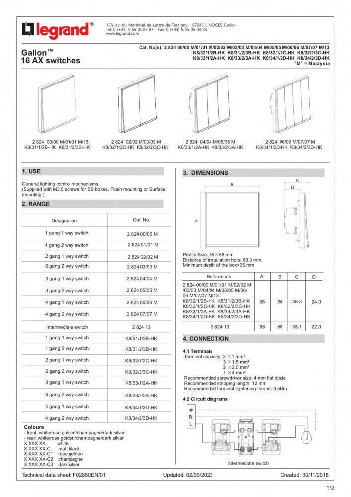 Legrand Galion switch technical document, page 1