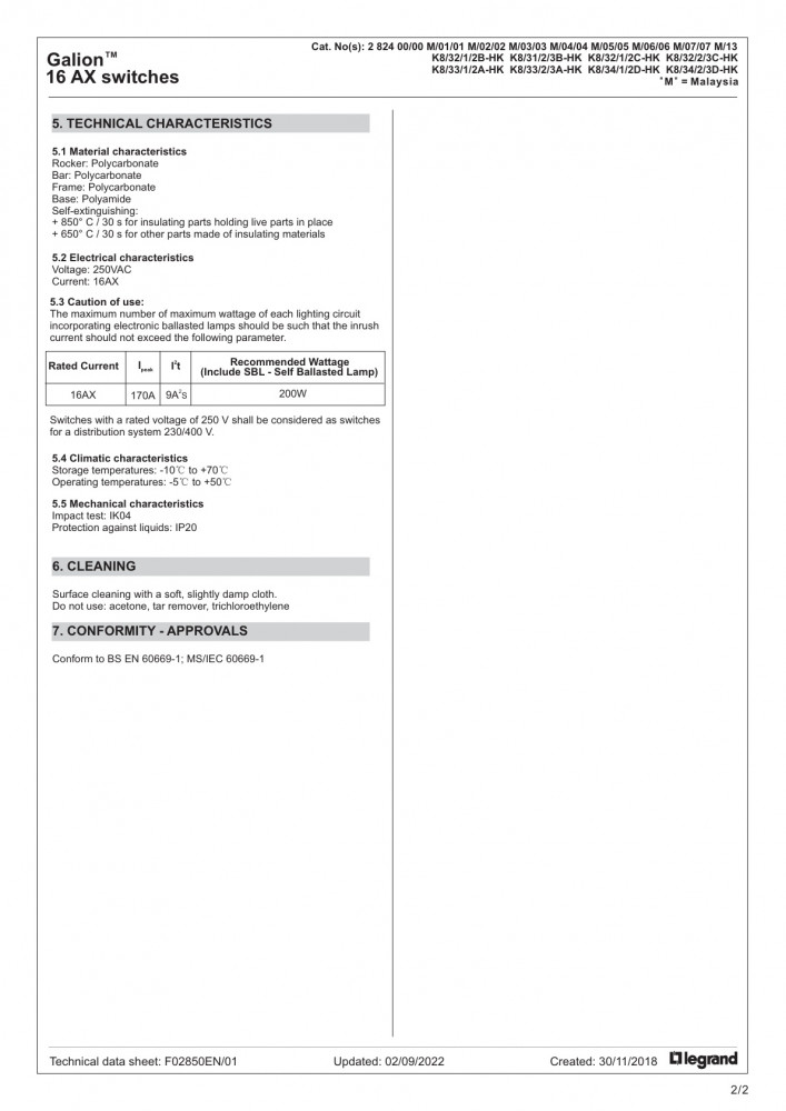 Legrand Galion switch technical document, page 2