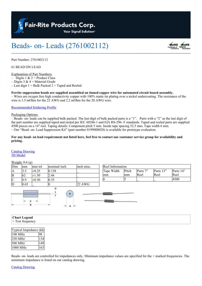 Fair-Rite 2761002112 catalog drawing and dimensional information