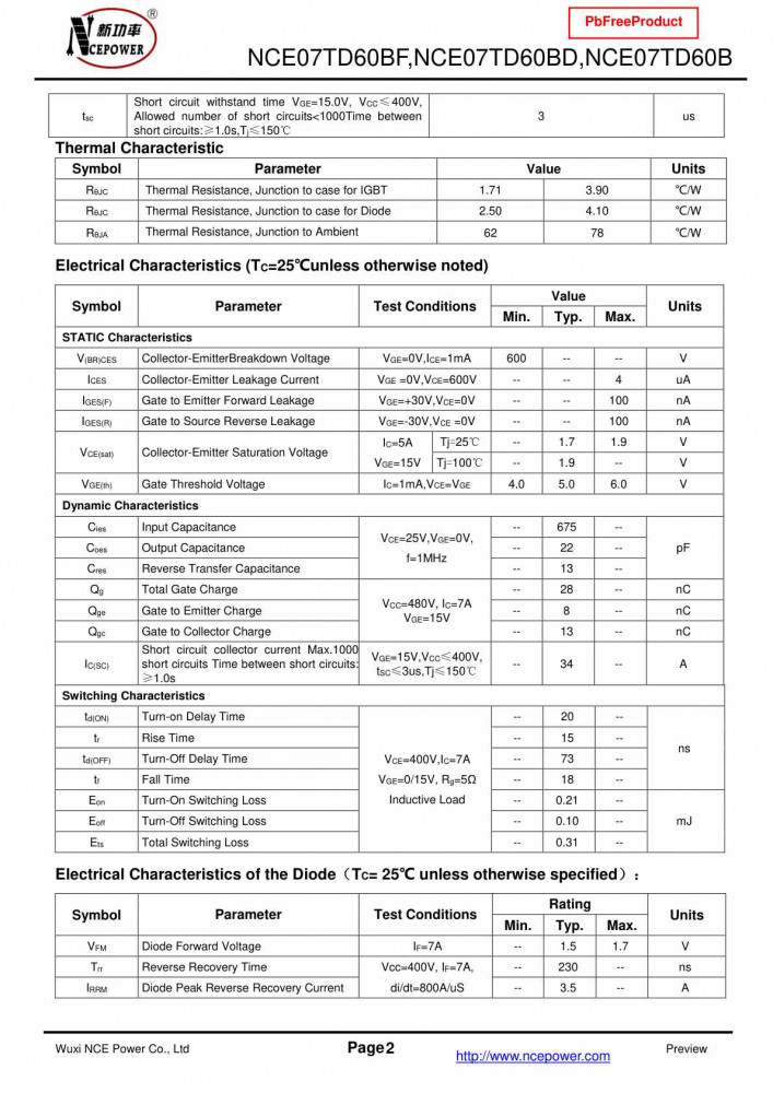 NCE07TD60BD datasheet page 2