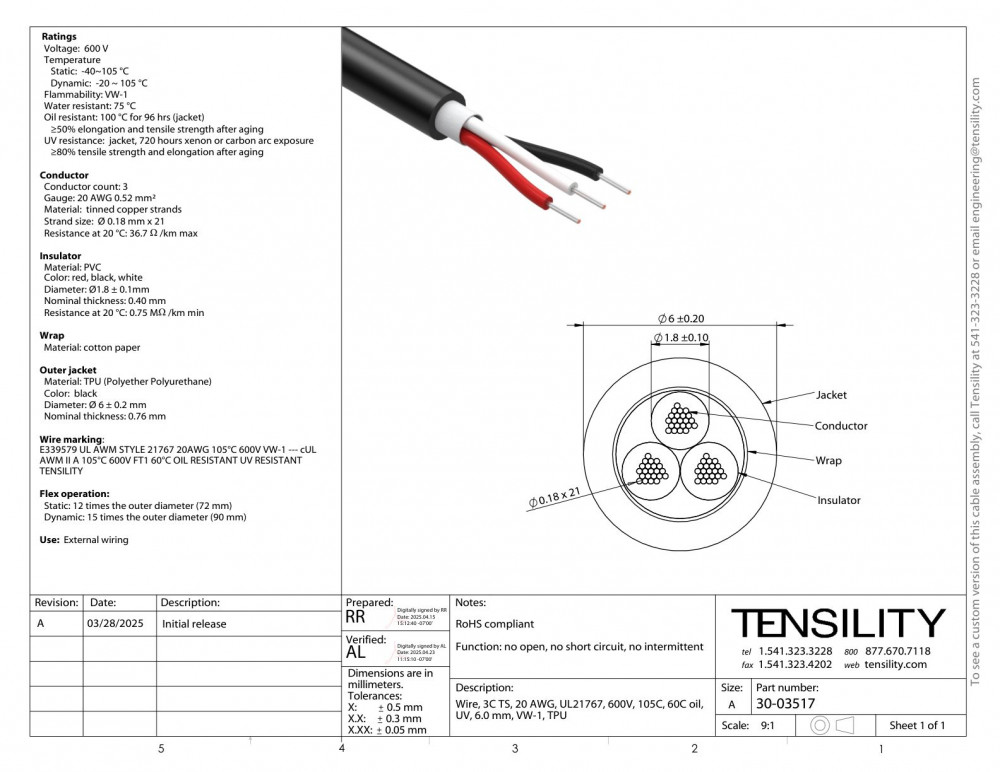 Tensility International 30-03517 cable product drawing