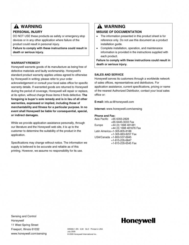 Honeywell SS40AF datasheet page 6