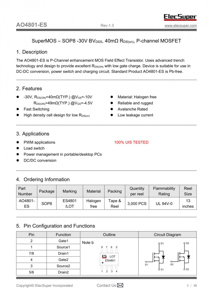AO4801-ES datasheet page 1