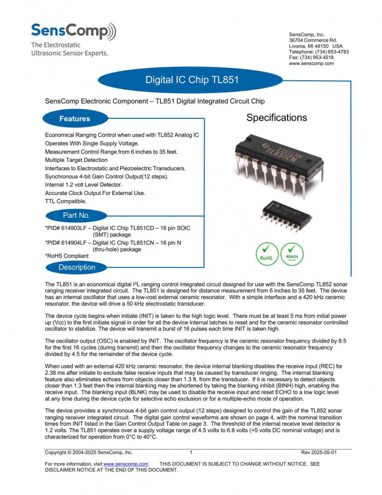 SensComp TL851 datasheet page 1