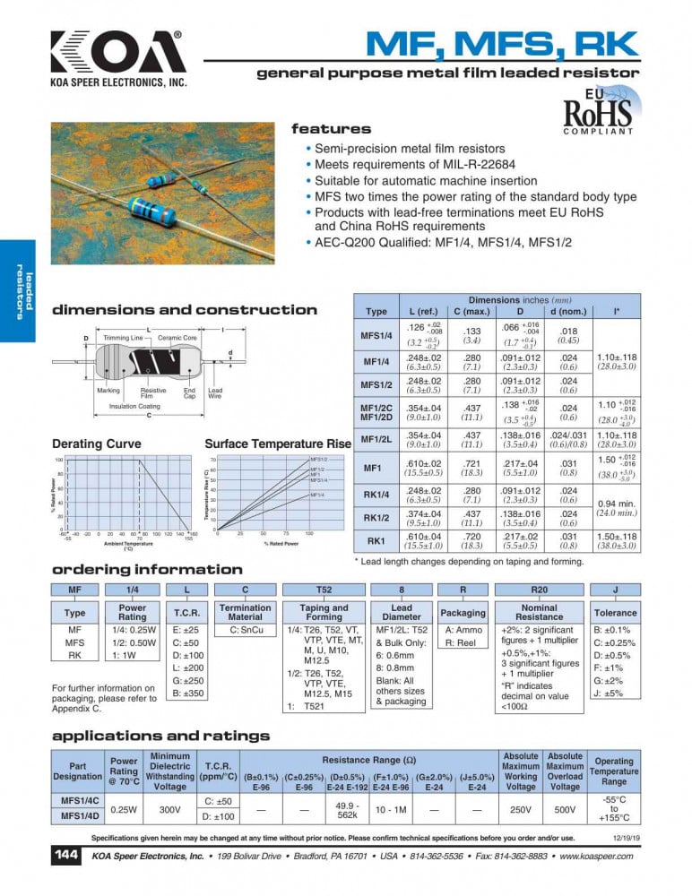 KOA resistor datasheet page 1