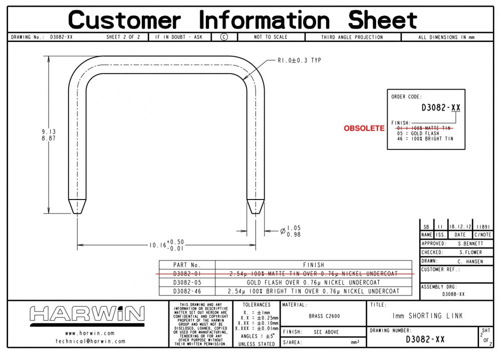Harwin D3082-05 customer information sheet