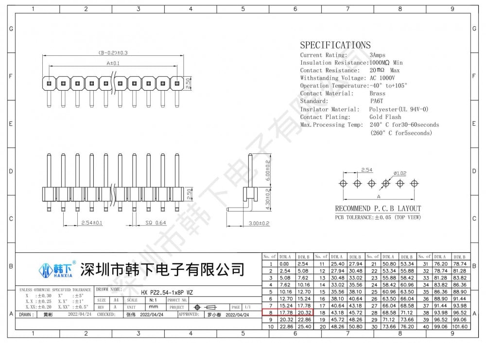 HX PZ2.54-1x8P WZ technical drawing