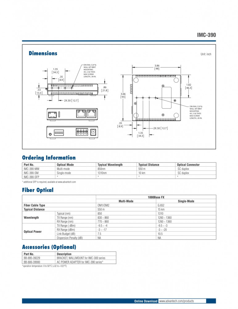 IMC-390 series dimensions and specification reference