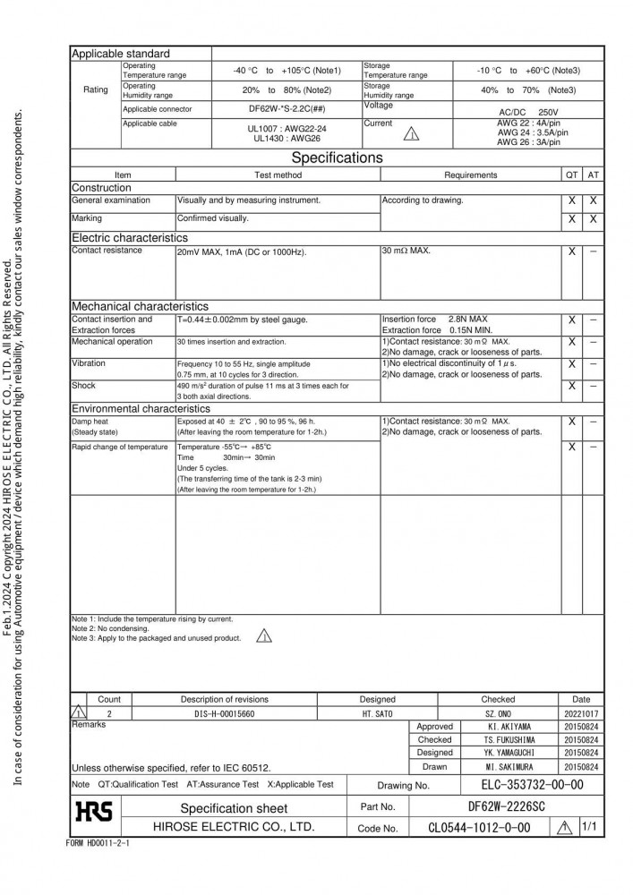 HRS DF62W-2226SC specification sheet