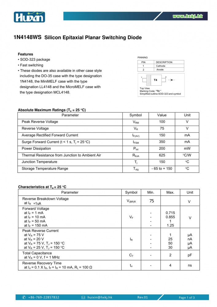 1N4148WS technical document page 1
