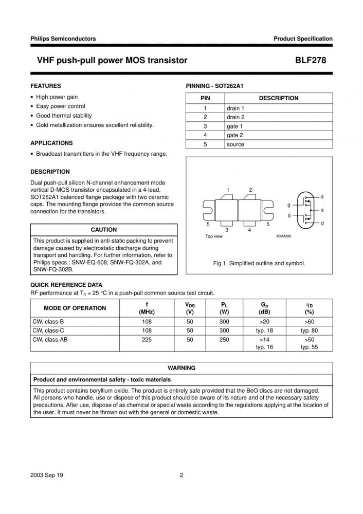 BLF278 datasheet page 2