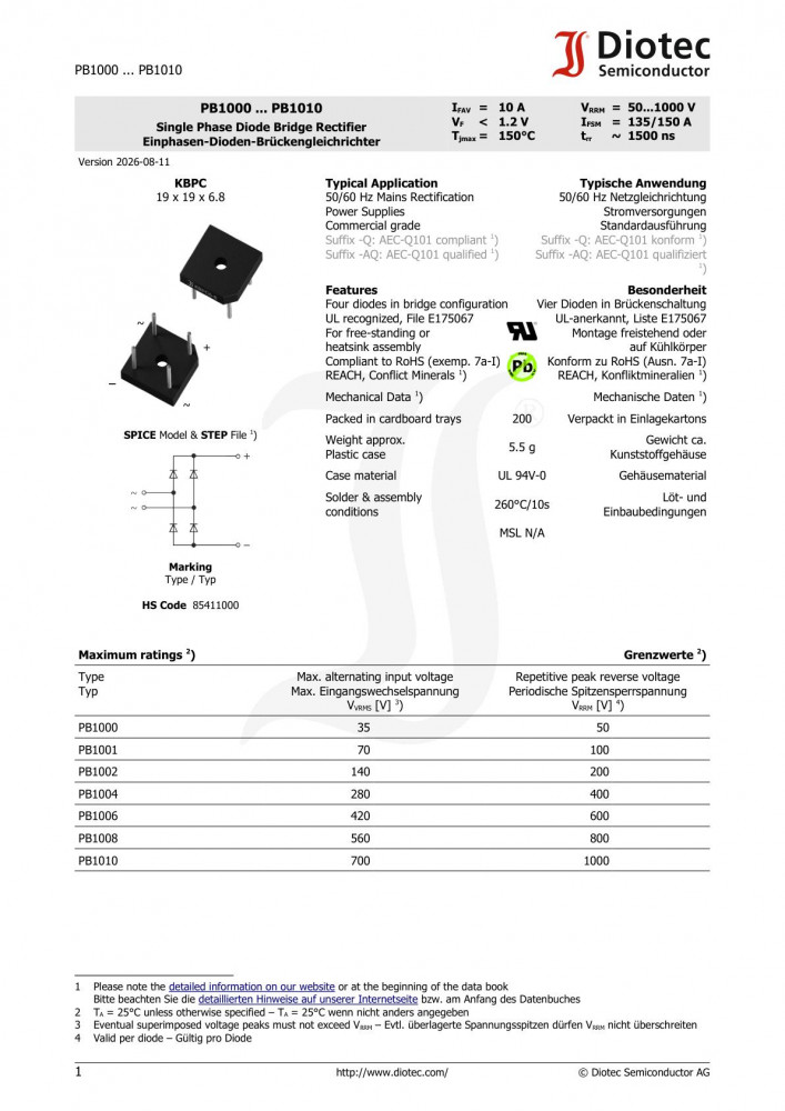 DIOTEC PB1000 datasheet page 1