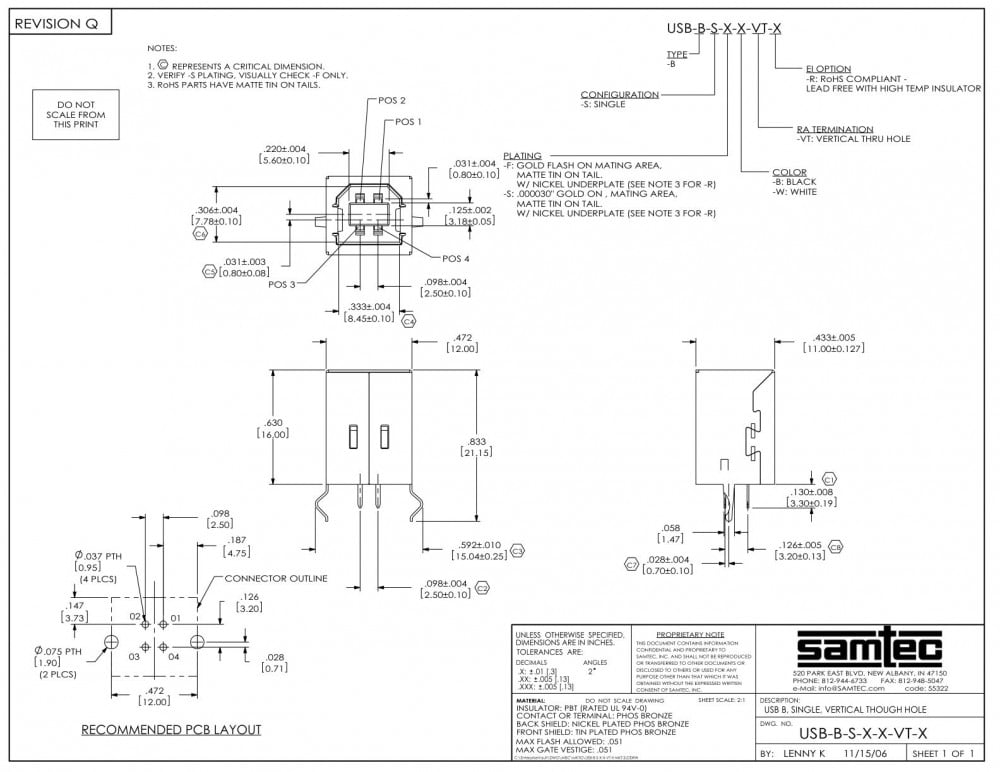 Samtec USB-B-S-F-B-VT-R technical drawing