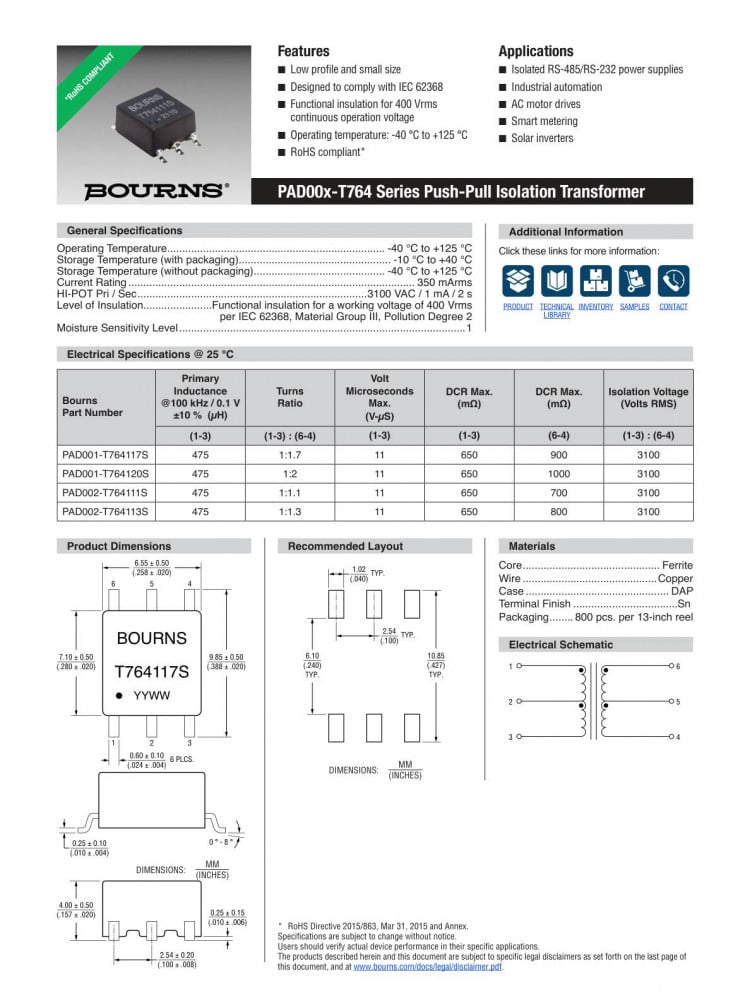 Bourns PAD001-T764117S datasheet page 1