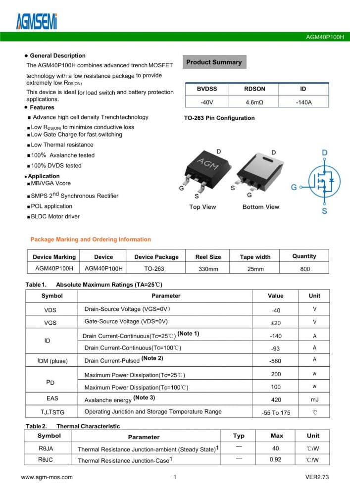 AGM40P100H datasheet page 1