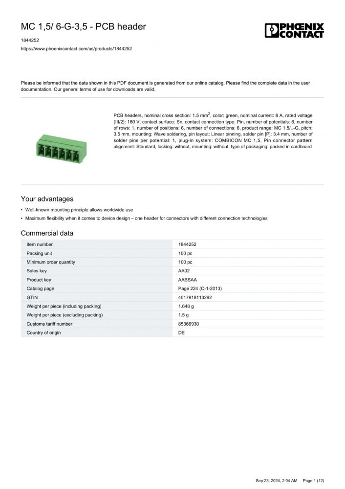 Phoenix Contact 1844252 technical document page 1