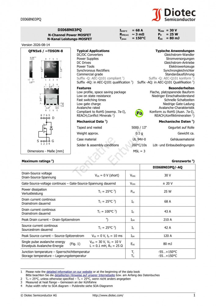 DIOTEC DI068N03PQ datasheet page 1