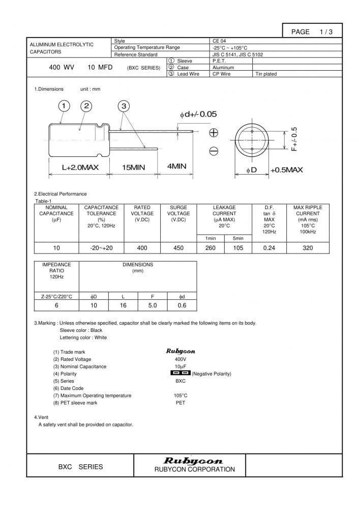 Rubycon BXC Series technical document page 1