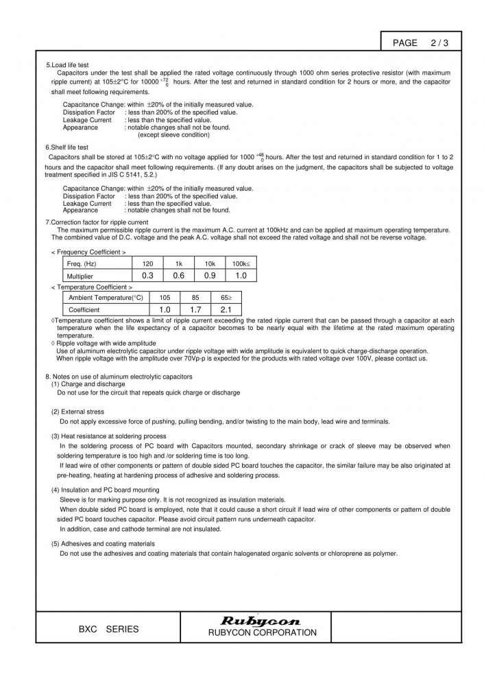 Rubycon BXC Series technical document page 2