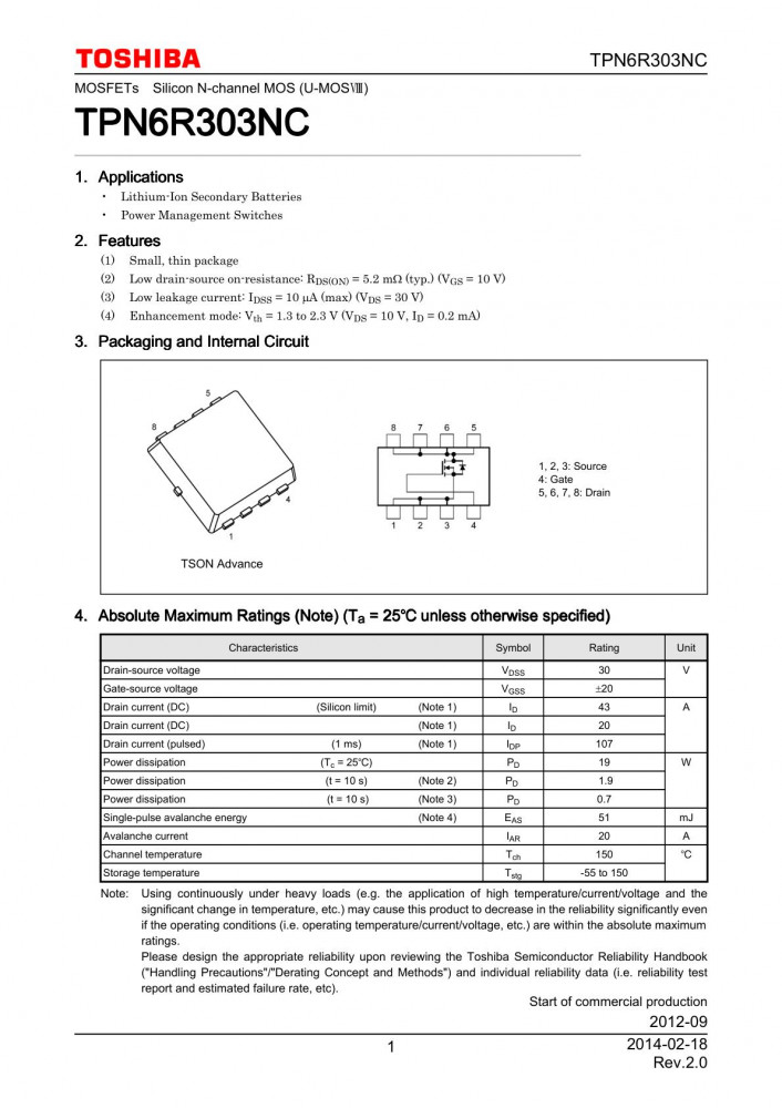 TPN6R303NC datasheet page 1