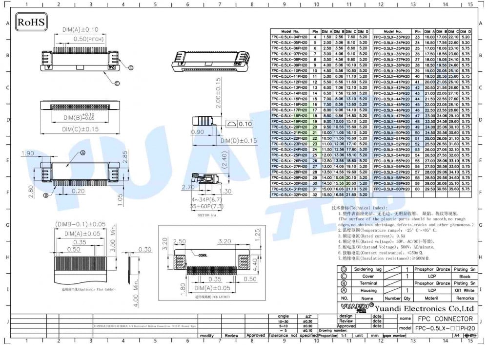 YUANDI FPC connector technical drawing page 1