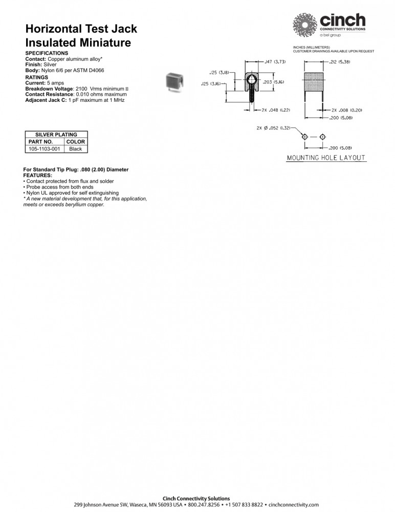 Bel Fuse 105-1103-001 product specification and mounting-hole layout