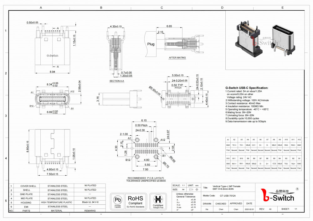 GT-USB-7012A technical drawing page 1