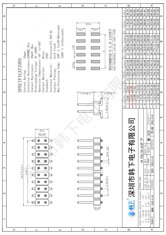 HX PZ2.54-2x2P TP drawing page 1