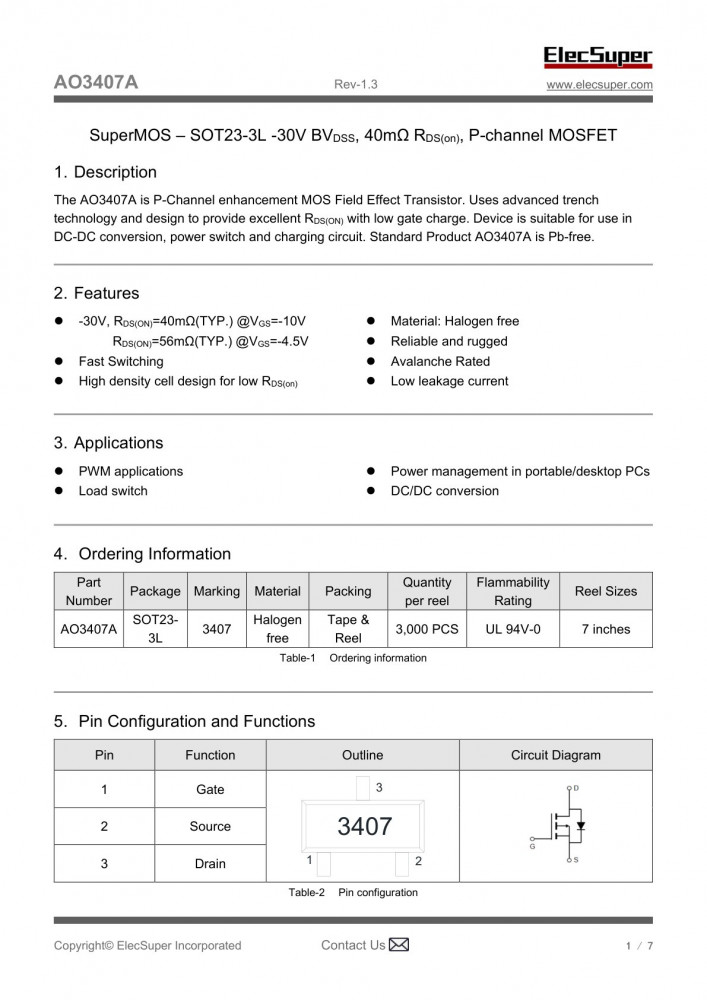 AO3407A datasheet page 1