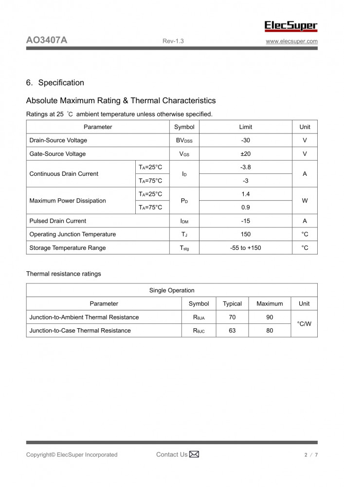 AO3407A datasheet page 2