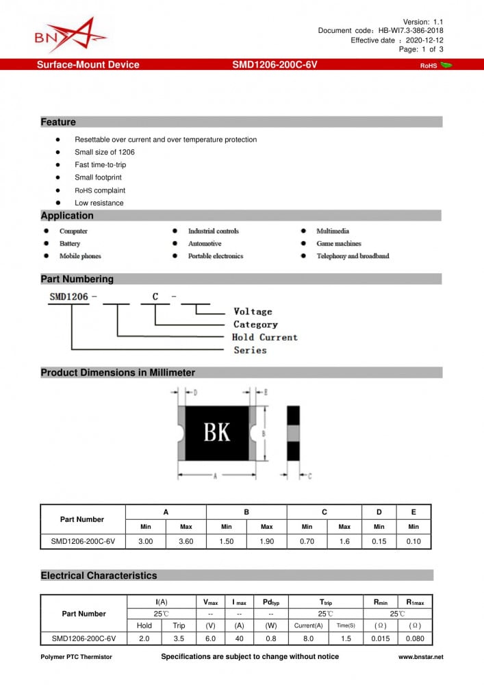 BNstar SMD1206-200C-6V datasheet page 1
